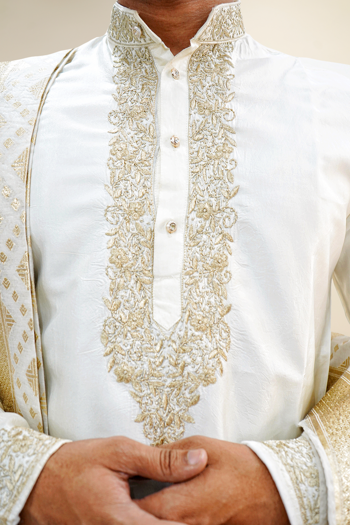 Off White Semi-Pattu Kurta Set with Zari Embroidery – GROOM2B